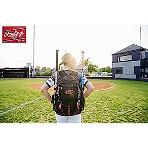 Rawlings Storm Girls Softball Bag - Sized for Youth Softball Backpack for Girls or TBall Bag – Holds Two Bats – Includes Hook to Hang on Fence - Black and Pink