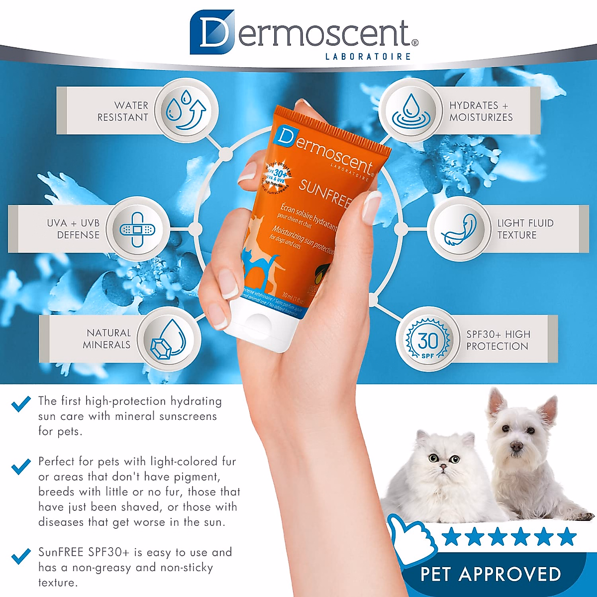 Dermoscent SunFREE SPF30+ Cat & Dog Sunscreen - Safe & Natural Mineral Sunscreen Moisturizing Sun Protection - 30 Ml / 1 Fl. Oz.