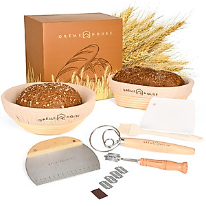 Sourdough Proofing Baskets For Bread Baking Set of 2 - Round 9" & Oval 10" - Qrème House Premium Banneton Bread Proofing Basket Kit For Easy Artisan Bread Making With Bread Lame, Dough Whisk & Scraper
