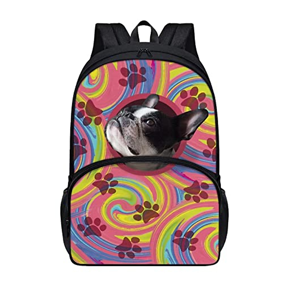 Allcute Girls Lightweight Cute Dog Paw Bulldog Print Backpack for School Teens Student Large Capacity Padded Back Laptop Bookbag 17 Inch Boys Kids Durable Daypack with Front & Side Pocket