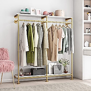 IronJiaZu Gold Pipe Clothes Racks with 2 Shelves, Industrial Pipe Gold Clothing Rack with Double Hanging Rods, Heavy Duty Wall Mounted Clothing Rack Rod for Closet Storage, Bedroom
