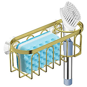 Yazoni 2-in-1 Sponge Holder for Kitchen Sink, Suction Cup Sponge Rack Kitchen Sink Caddy, No Drill Rustproof Kitchen Sink Organizer for Place Dishwashing Brush Soap and Sponge (Gold)