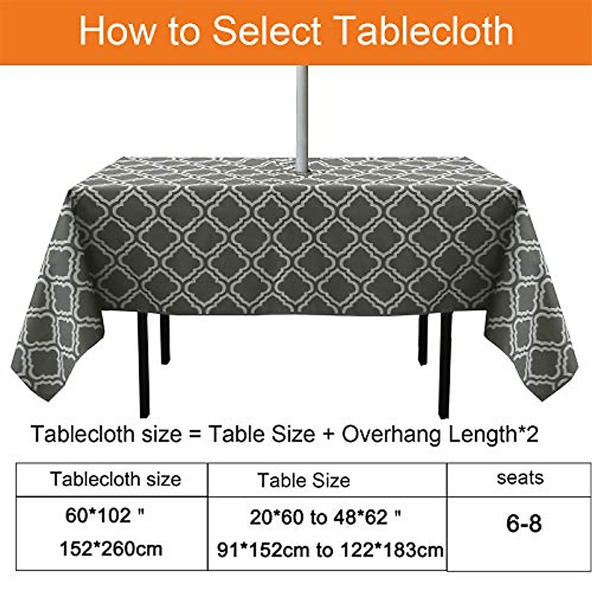 JLDTOP Outdoor Tablecloth with Umbrella Hole Waterproof, Spillproof Polyester Fabric Durable Patio Umbrella Tablecloth with Zipper for Patio Garden Tabletop Decor (60" x 84" Rectangle, Grey Pattern)