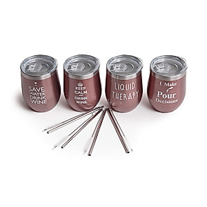 VINOVITA Funny Wine Glasses (Set of 4) with Straws and Brushes – Double-Wall Insulated Stainless Steel Tumbler – Great Gift for Birthday, Mother’s Day, Anniversary – 12 oz