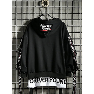 DUDHUH Mens Hoodie Fashion Pullover Letter Print Tracksuit Techwear Casual Coat Hip-Hop Sweatshirt Black