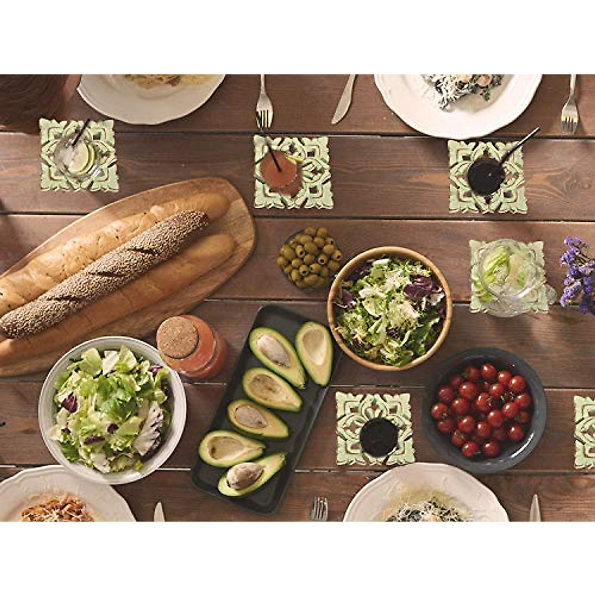 Farmhouse Decor Wood Coasters for Drinks - Kitchen Table Drink Coaster Set of 4 (Square Carved Blossom Sage Green)