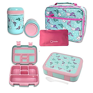 Bento Box with Stainless Steel Food Thermos for Hot Food or Soup, Insulated Lunch Bag, and Ice Pack Set for Kids Girl Toddlers. Ages 3 to 7 Pink Aqua Cat Mermaid