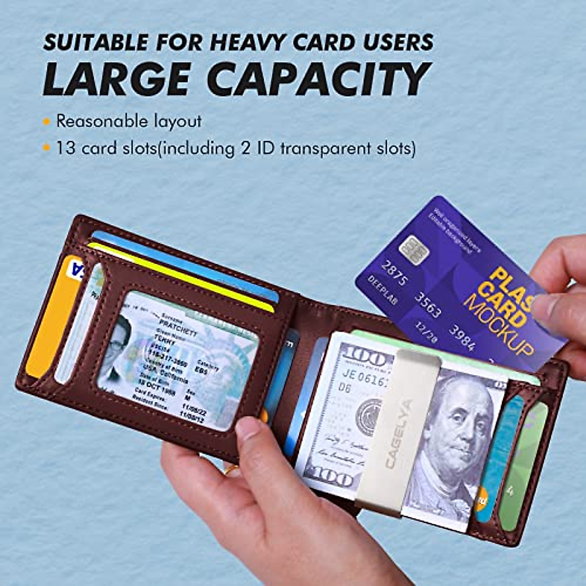 Cagelya Money Clip Wallet for Men Leather Mens Wallets Slim Minimalist Wallet for Men Bifold Mens Wallets Rfid Blocking Front Pocket Wallet with 13 Slots Credit Card Holder Gifts for Boyfriend Father