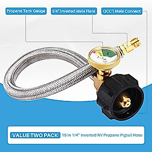 2 Pack 1/4" Inverted RV Propane Pigtail Hose with Gauge, 15inch RV Propane Hose Connector with Type 1/4" Inverted Male Flare Stainless Steel Braided for 5LB - 40LB Propane Tank Coming with Tape