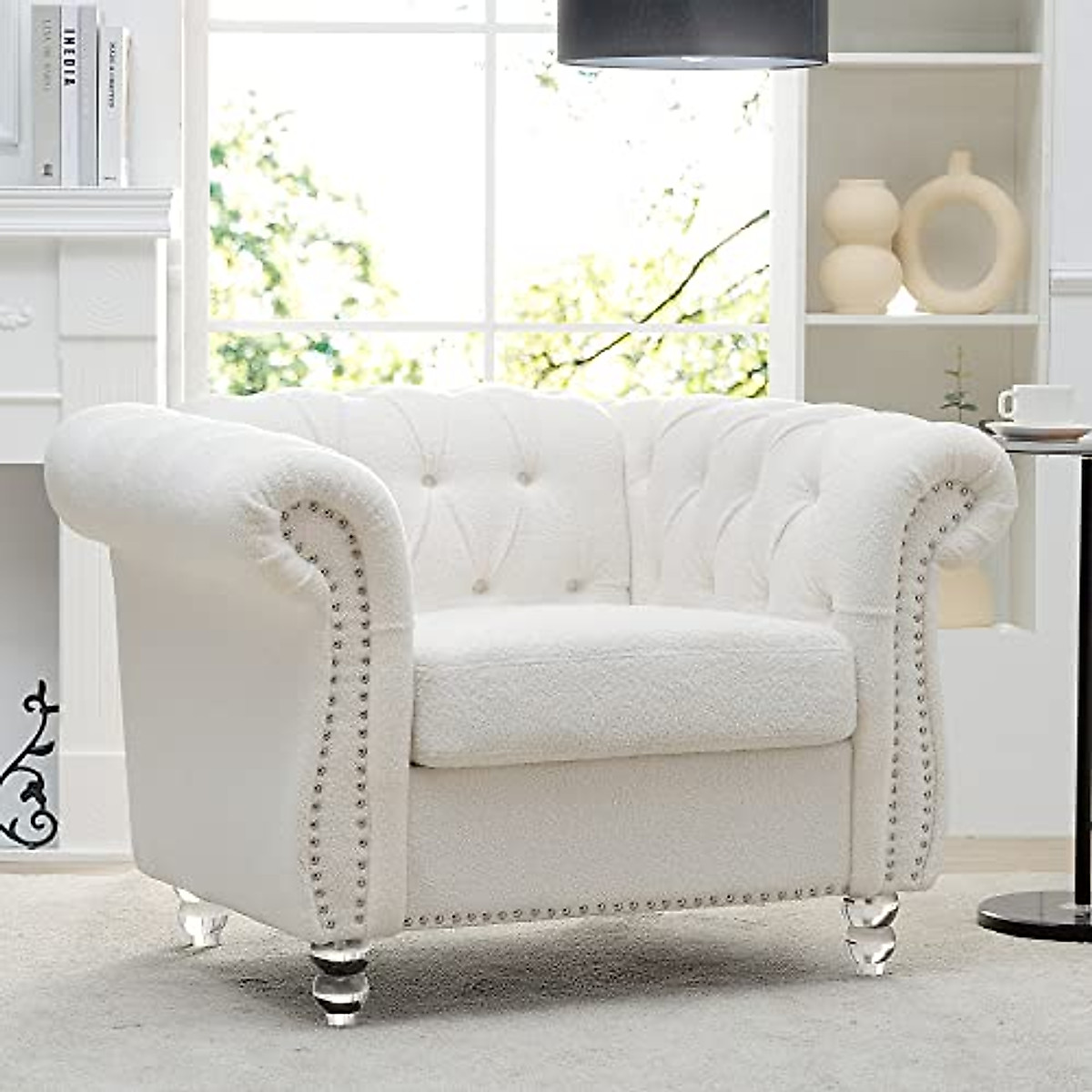 39" Chesterfield Single Sofa Chair Acrylic Crystal Leg Teddy Fabric Upholstered 1 Seater Sofa with Tufted Back,Roll Arm Settee Couches for Living Room Furniture (White + Polyester, Single Sofa)