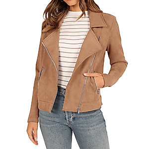 KIRUNDO Women's Trendy Stand Collar Faux Suede Jackets 2024 Fashion Solid Slim Moto Zipper Jacket Coats(Camel, Small)
