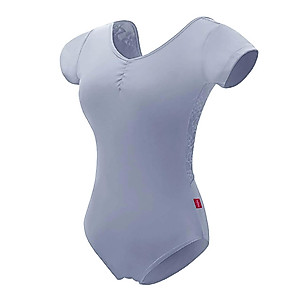 Daydance Gray Women Dance Leotards Short Sleeve Lace Lycra Ballet Bodysuit