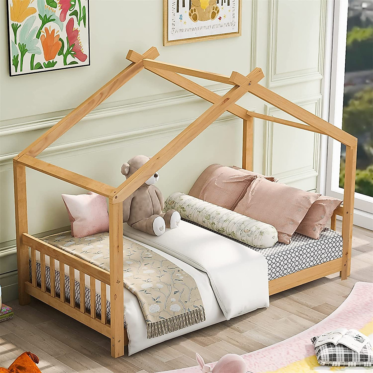 CITYLIGHT Twin House Bed for Kids, House Bed Frame Twin with Headboard and Footboard, Wooden Kids House Bed for Girls, Boys,No Box Spring Needed,Natural