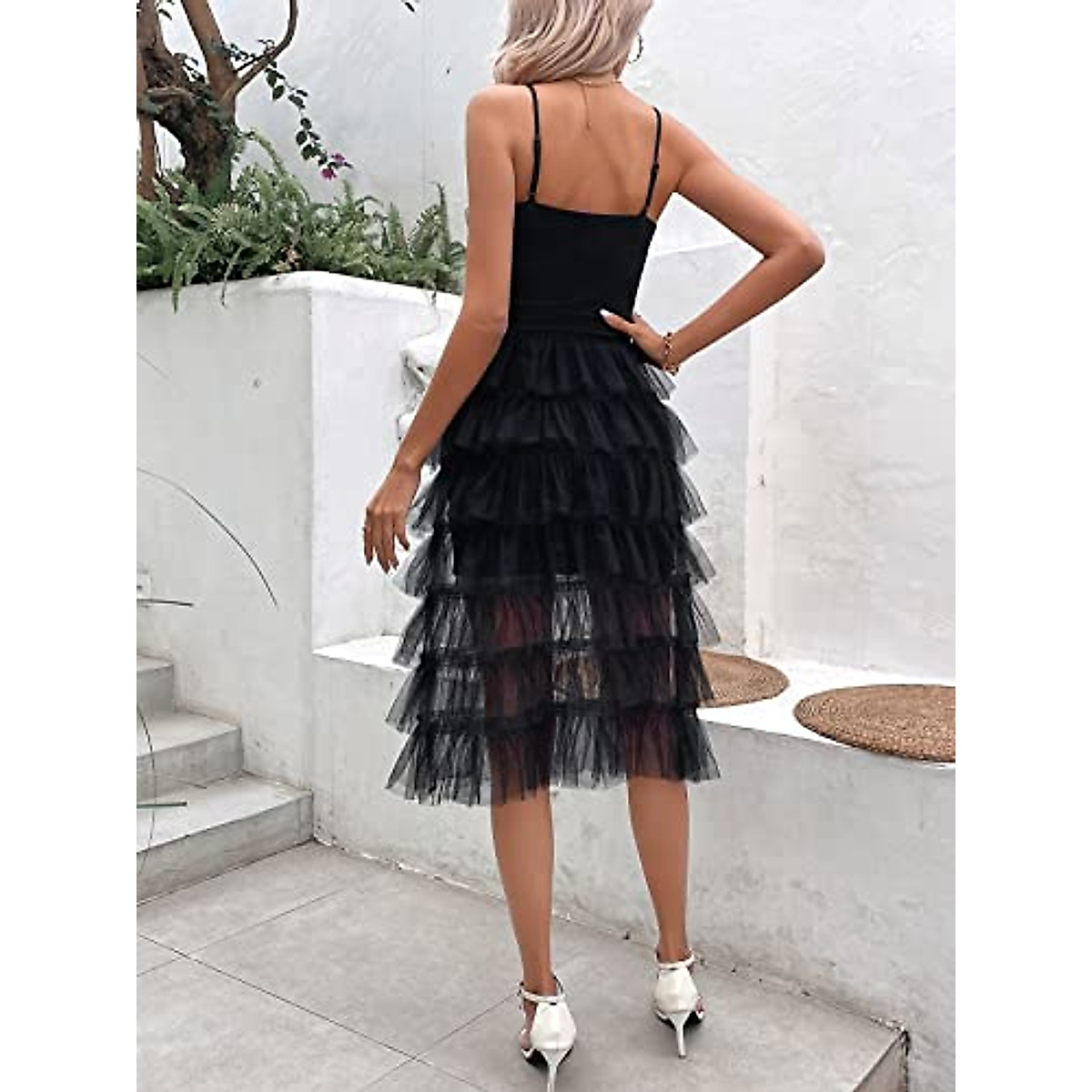 Floerns Women's Spaghetti Strap Sleeveless Ruffle Mesh Hem Midi Cami Dress Black M