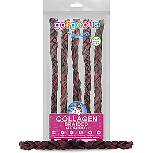 gorgeous treats and chews Beef Collagen 12 Inch | (Braided (5 Count)) | High in Protein | All Natural Chew for Dogs | 100% Digestible | Chondroitin & Glucosamine Source | Good for Dental Health