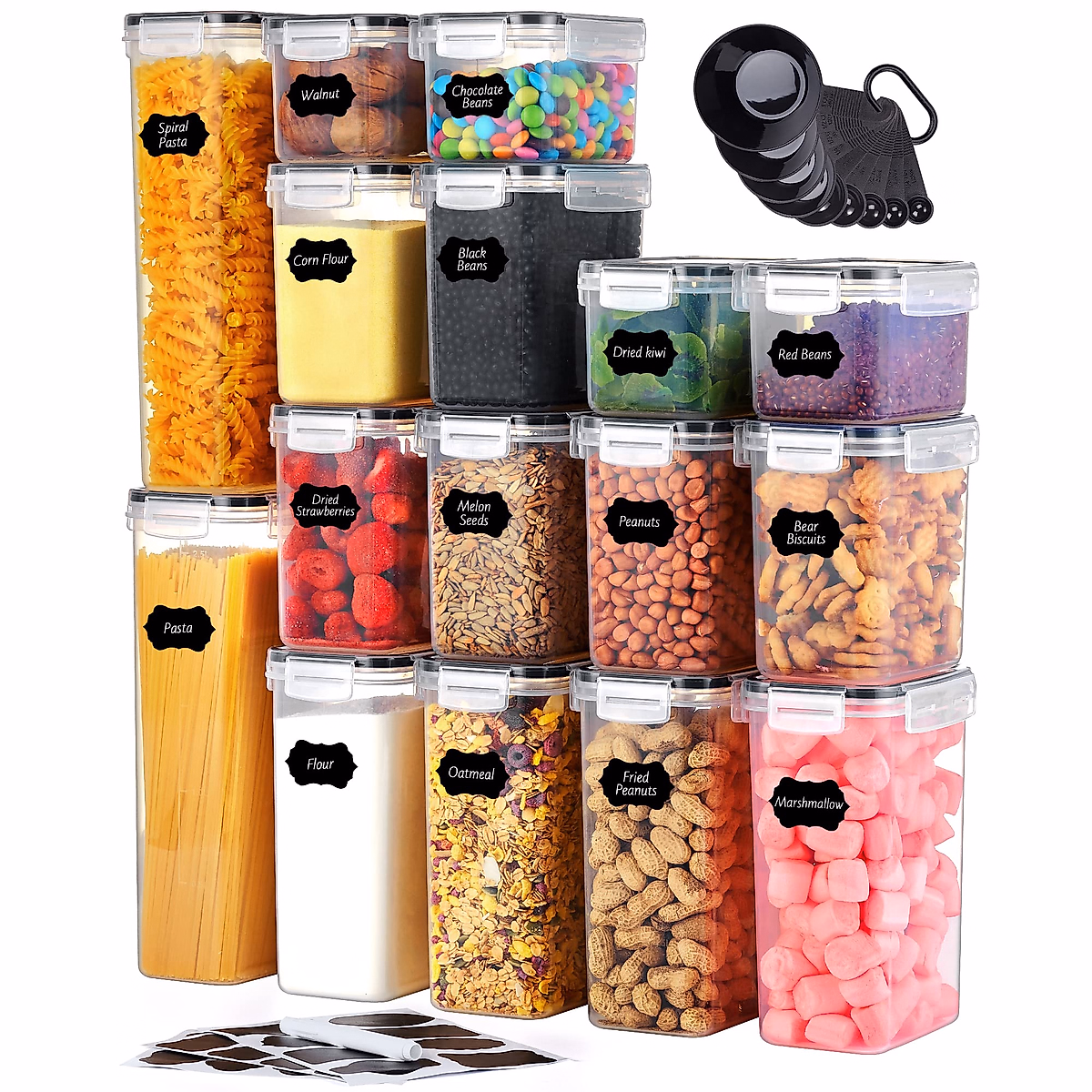 Kootek Cereal Containers Storage Set, 16 Pcs Pantry Kitchen Organization and Storage Airtight Food Storage Container, Leakproof 25.2L with Pen, Chalkboard Labels, Measuring Spoon Set