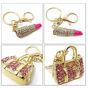Honbay 2PCS Cute Crystal Lipstick Handbag Style Keychain Bling Bling Rhinestone Car Key Decoration Blingbling Key Purse Keyring for Bag Wallet Handbags Backpack (2 Style)