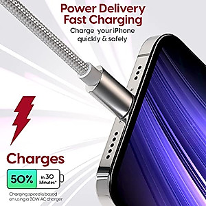 TALK WORKS USB C to Lightning Cable Charger Compatible w/iPhone 14/14 Plus/14 Pro/14 Pro Max, 13/13 Mini/13 Pro/13 Pro Max, 12/12 Mini/12 Pro/12 Pro Max, iPad-10' Braided Cord-MFI Certified (Silver)