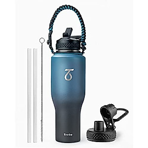 Trebo 40oz Water Bottle Insulated with Lid and Straw,Double Wall Vacuum Stainless Steel Metal Tumbler Flask Fit in Any Car Cup Holder with Paracord Handle,Leakproof Keep Drink Cold & Hot,Indigo/Black