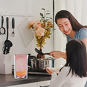 Multifunctional White Eco Kitchen Stand Holder and Drainer, Stand Support Storage Rack Plastic Bag Dispenser for Plastic Bags, Bottles, and Cups (50 Plastic Bags Included)