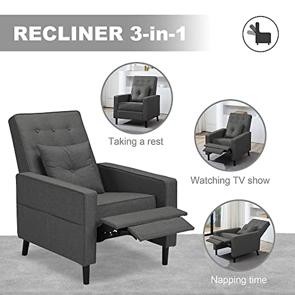 XSPRACER Push Back Recliner Chair, Lounge Chair for Bedroom, Living Room Chair, Linen, Dark Gray, Single One