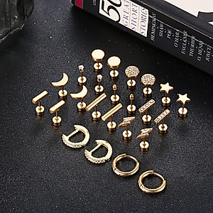 FASACCO 12Pairs Flat Back Earrings for Women Men Hypoallergenic 14K Gold Plated Stainless Steel Flatback Stud Small Huggie Hoop Earrings 20G Tiny Gold Stud Earring Sets for Multiple PIercing Gold