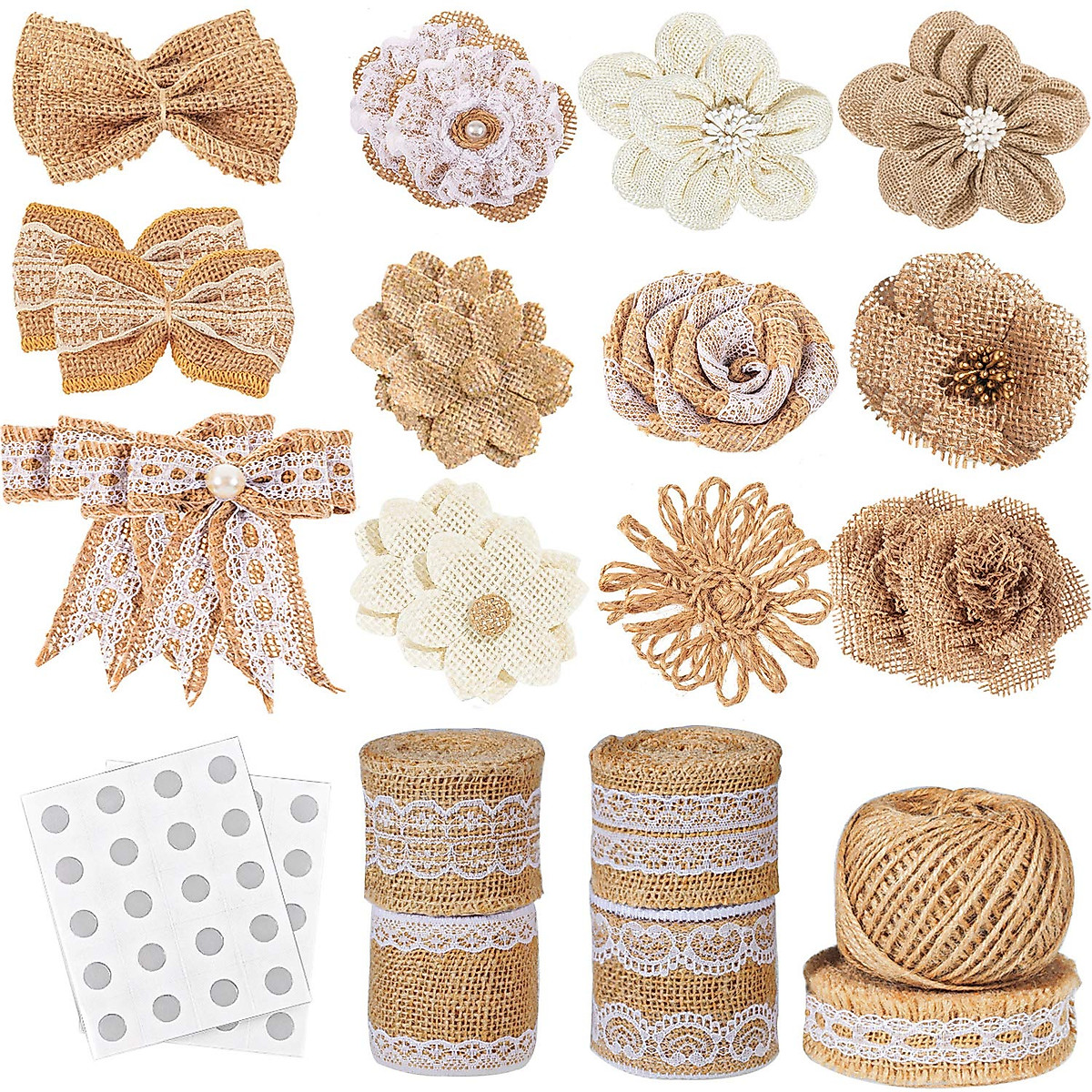 Whaline 30PCS Burlap Flowers Set, Include 5 Lace Burlap Ribbon Rolls, 24 Handmade Burlap Flowers and Bowknots, 1 Twine Ribbon and Glue Point for Wedding Party Decor Home Embellishment DIY Crafts