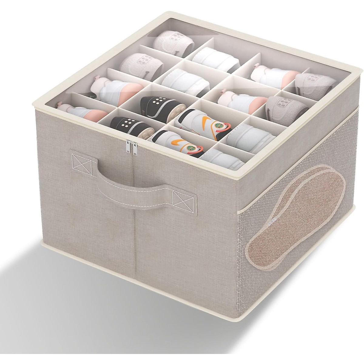 artgeeker Shoe Organizer for Closet- Fits 16 Pairs, Large Foldable Shoe Storage with Clear Cover, Beige Adjustable Dividers Shoe Containers with Mesh Pockets and Pull Handles - Beige