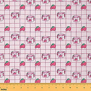 Cute Strawberry Milk Outdoor Fabric by The Yard,Pink Checker Grid Fabric for Lovely Fruit Theme Upholstery and Home DIY Projects,Kawaii Kids Girls Precut Fabric Squres,3 Yards