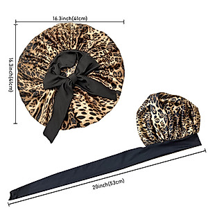 Women Satin Bonnet, Large Satin Bonnets for Braids Jumbo Size Silk Bonnet For Sleeping, Black Women Hair Bonnet with Stretchy Tie Band Sleep Bonnet Cap for Long Curly Hair Braid (Black & Leopard)
