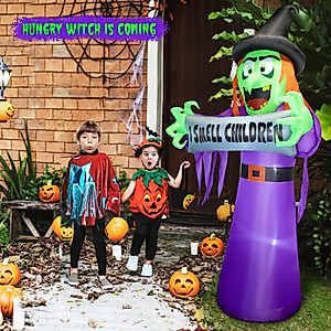 8FT Halloween Inflatable Witch Outdoor Decoration, Lighted Blow Up Yard Decor with Banner I Smell Children, Ghost Built-in Bright LED Light for Home Garden Ground Lawn Patio Outside Holiday Party Prop