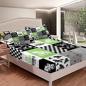 Eat Sleep Sprint Fitted Sheet Twin Size Race Car Green White Bedding Set Set for Kids Teens Adults Speed Sports Car Bed Sheet Set Extreme Sports Bed Cover Room Decor 2Pcs with 1 Pillow Case