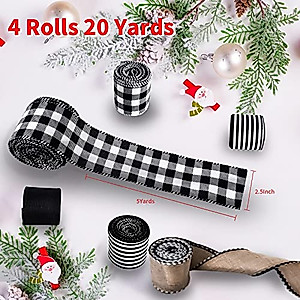 MuRealy Wreath Ribbons - 2.5 Inch Black Burlap Ribbon and Polyester with Buffalo Plaid, Stripes and Plaid Edged Ribbons, 4 Rolls 20 Yards Ribbons for Christmas, Weddings, Gifts Wrapping and Bow Decor