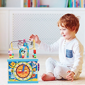 Qilay Wooden Activity Cube for Toddlers 1-3, 5 in 1 Multipurpose ABC-123 Abacus Early Educational Montessori Toys, Learning Toys for 1 2 3 Year Old | Bead Maze, Great for Boys Girls Toddlers