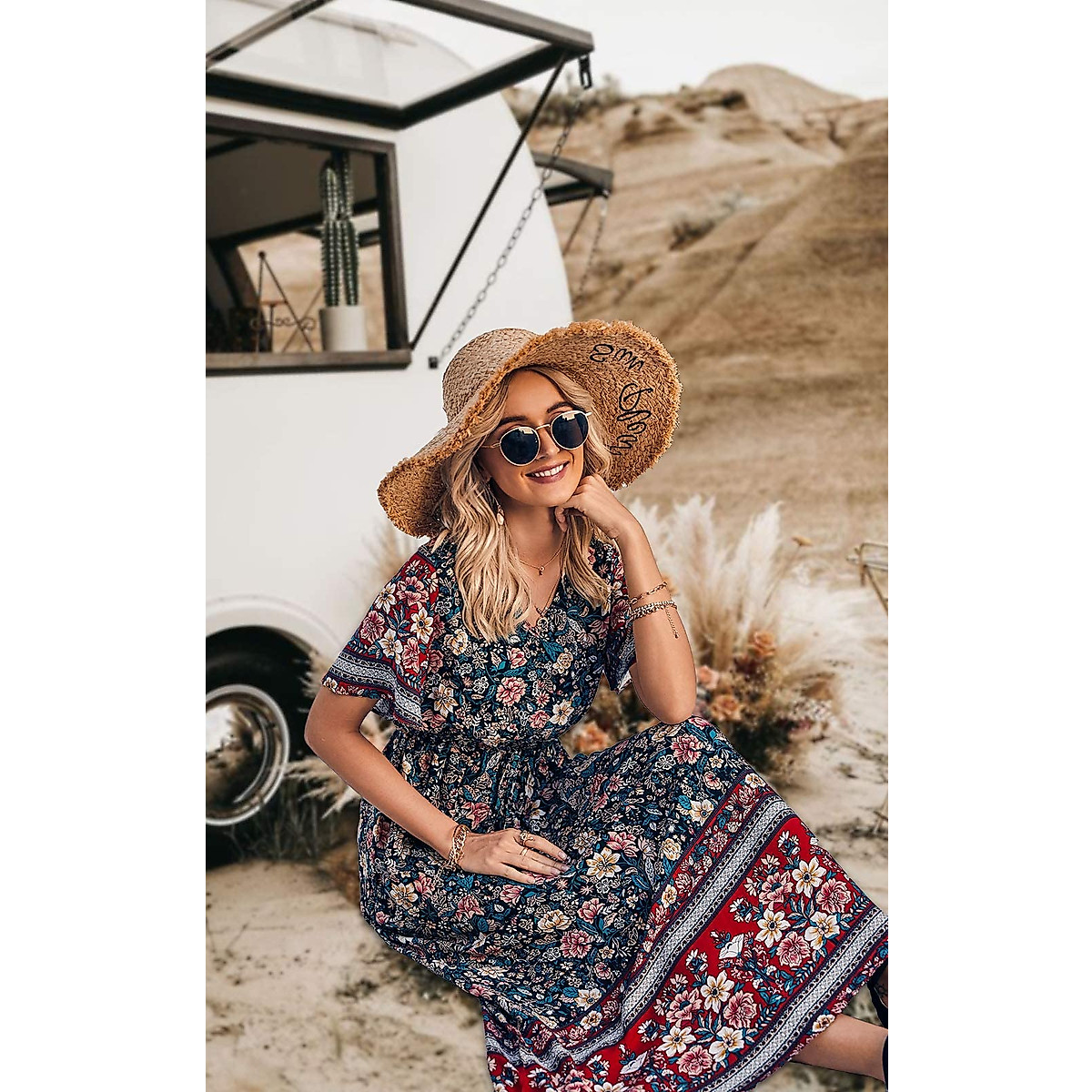 PRETTYGARDEN Women's Casual Summer Boho Floral Print Dress V Neck Short Sleeve High Waist Long Maxi Beach Dresses (Black,Medium)