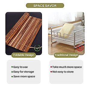 HTB Over Sink Dish Drying Rack 17.8'' x 16.1, Kitchen Teak Wood Roll Up Dish Drying Rack for Dishes,Plates, Bowls, Wooden Sink Cover for Counter Space