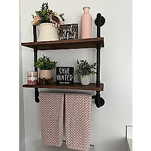 MEYRUOXI Pipe Shelves Industrial Pipe Shelving Industrial Bathroom Shelves with Towel bar,24 in Rustic Metal Pipe Floating Shelves Pipe Wall Shelf,2 Tier Industrial Shelf Wall Mounted with Hook