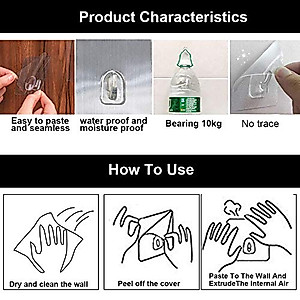 BODINGTAI Wall Hooks, Self Adhesive Hooks, Multicolor Transparent Plastic Reusable Heavy Duty Hook No Trace No Scratch Waterproof and Oilproof for Kitchen Bathroom Storage Room Office.