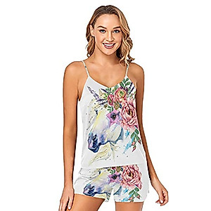 Unicorn White Horse with Red Flowers Green Leaves 2 PCs Women's Pajamas Set, Camisole Satin Silk Lingerie Sleepwear, Sleeveless Print Silky Shorts Loungewear Nightwear(XL)