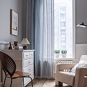 ColorBird Boho Linen Curtains for Bedroom, 84 inch Blue Striped Room Darkening Curtains & Drapes, 2 Panels Embroidered Window Curtain Panels for Dining Living Room Nursery Doorways