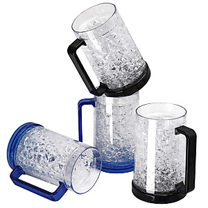 Patiomos Drinking Glasses Cups, Double Wall Gel Freezer Beer Mugs, Freezer Ice Mugs Cups, 16oz, Plastic Cooling Beer Mug Clear Set of 4 (2Blue and 2Black)