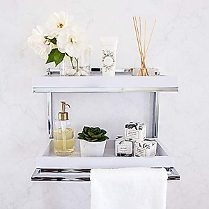 Danya B. HA80582 Bathroom Accessories and Décor – Wall Mount 2-Tier Chrome Shelving Unit with Towel Rack and White Removable Trays