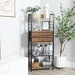 Yuyetuyo Bookshelf Industrial Retro Wood Bookcase with 2 Drawers and Wire Baskets, 4 Tier Free Standing Book Storage Shelf Display Rack for Living Room Bedroom Office, Rustic Brown