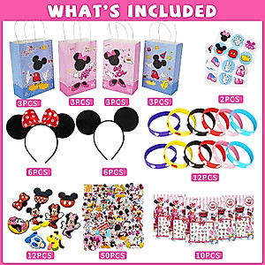 120 Pack Mouse Party Favor Set Cartoon Mouse Theme Party Supplies Includes Party Bags Keychain Silicone Bracelet Nail Stickers Headbands Shoe Decor Perfect for Kids Birthday and Classroom Game Rewards