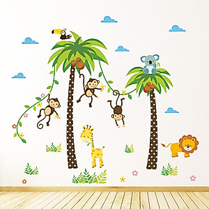 ElecMotive Cartoon Forest Animal Monkey Crow Koala Coconut Palm Tree Nursery Wall Stickers Wall Murals DIY Posters Vinyl Removable Art Wall Decals for Kids Girls Room Decoration (Monkey Lion Giraffe)