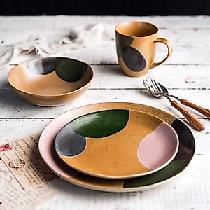 GagalU Dinner Set,Porcelain Dinnerware Sets, 18 Pieces Retro Color Stitching Ceramics Dinner Combination Set | Cereals Bowls and Steak Plates Sets with Mug for Restaurant