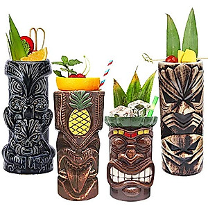 Tiki Mugs Cocktail Set of 8 - Ceramic Tiki Mugs Hawaiian Party Cute Exotic Cocktail Glasses Hawaiian Tiki Mug - TKSET0080 (8pcs)