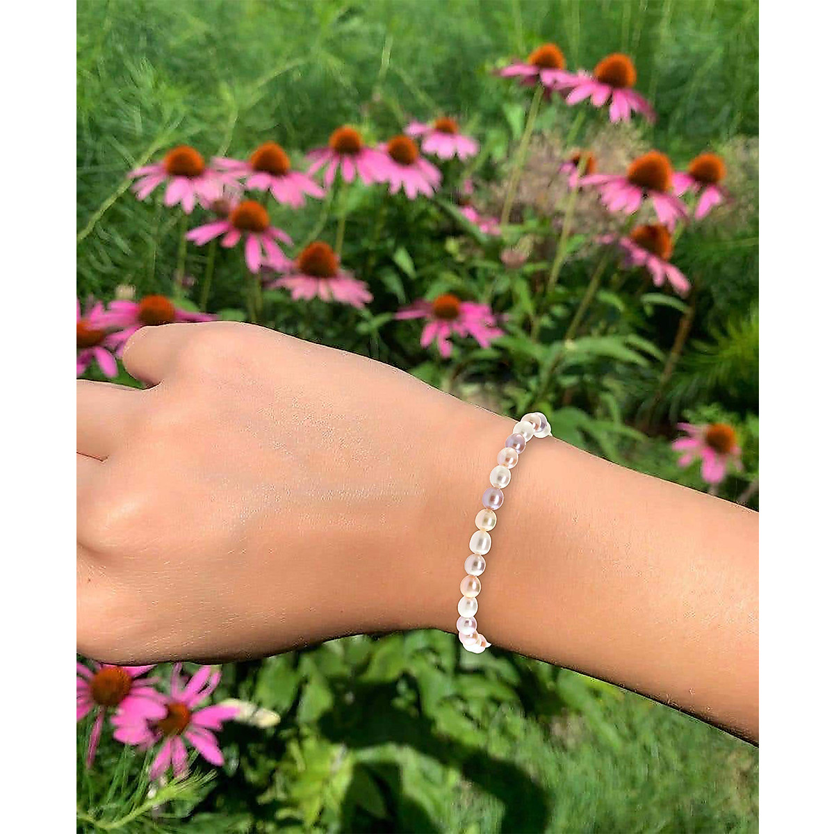 AAAA 6-6.5mm White, Natural Pink, & Natural Peach Colored Round Freshwater Cultured Pearl Bride & Bridesmaid Stetch Strand Bracelet- 7"