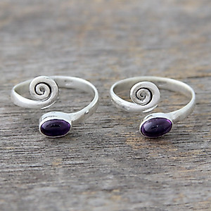 NOVICA Artisan Handmade Amethyst Toe Rings Sterling Silver from India Pair Purple Ultra Violet Birthstone [ring Front 0.4 in L x 0.4 in W x 0.2 in H Band Width 2 mm W] ' Curls' Pair