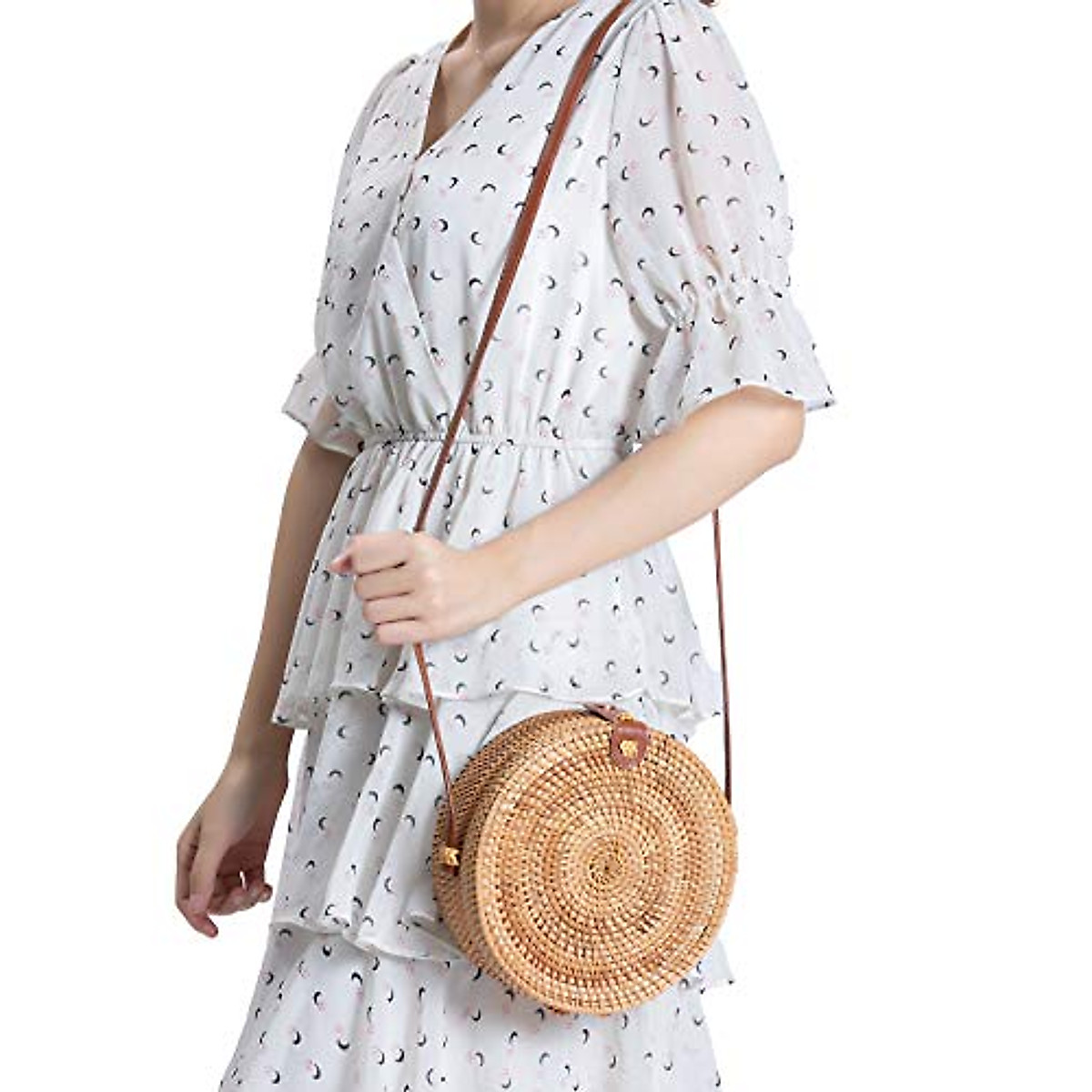 Handwoven Round Rattan Bag Shoulder Leather Straps Natural Chic Hand